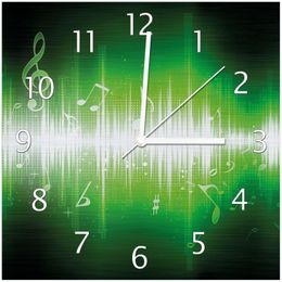 Wallario Wanduhr Grüne Noten der Musik (Aluverbunduhr), schwarz, mit weißen Zeigern