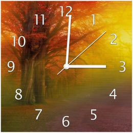 Wallario Wanduhr Bunter Herbst - Waldlandschaft bei Nebel in Regenbogenfarben (Aluverbunduhr), gelb, mit weißen Zeigern