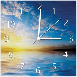 Wallario Wanduhr Sonnenuntergang über dem Meer I (Aluverbunduhr), gelb, mit weißen Zeigern