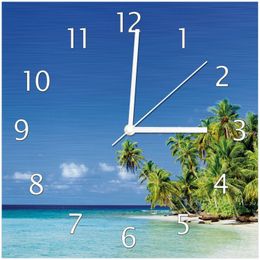Wallario Wanduhr Blauer Himmel weißer Strand Palmen und das tiefblaue Meer (Aluverbunduhr), grün, mit weißen Zeigern