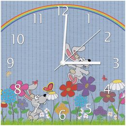 Wallario Wanduhr Süße Hasen unter einem Regenbogen (Aluverbunduhr), blau, mit weißen Zeigern