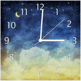 Wallario Wanduhr Wolkenhimmel mit Mond und Sternen (Aluverbunduhr), gelb, mit weißen Zeigern