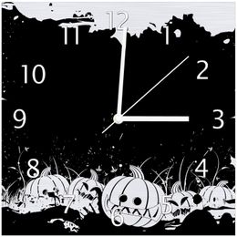 Wallario Wanduhr Halloween - Kürbisse und Fledermäuse in schwarz-weiß, Comic Stil (Aluverbunduhr), mit weißen Zeigern