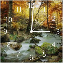 Wallario Wanduhr Wasserfall mit moosbedeckten Steinen im Herbstwald (Aluverbunduhr), gelb, mit weißen Zeigern