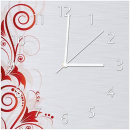 Wallario Wanduhr Abstrakte rote Blumenschnörkel (Aluverbunduhr), weiß, mit weißen Zeigern