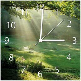 Wallario Wanduhr Sonnenstrahlen im Wald (Aluverbunduhr), gelb, mit weißen Zeigern