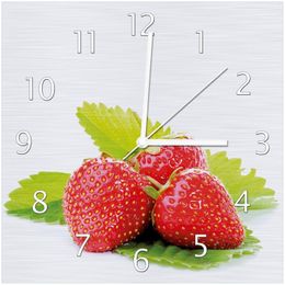 Wallario Wanduhr Frische rote Erdbeeren für die Küche (Aluverbunduhr), weiß, mit weißen Zeigern