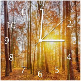 Wallario Wanduhr Sonnenuntergang im herbstlichen Wald (Aluverbunduhr), gelb, mit weißen Zeigern