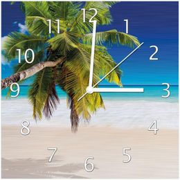 Wallario Wanduhr Südseestrand in der Karibik mit Palme (Aluverbunduhr), blau, mit weißen Zeigern