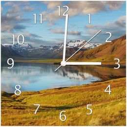 Wallario Wanduhr Bergpanorama mit Spiegelung im See (Aluverbunduhr), blau, mit weißen Zeigern
