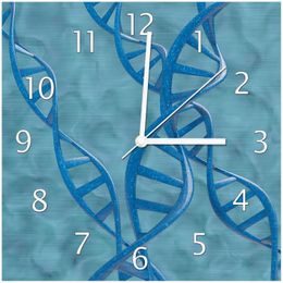 Wallario Wanduhr DNA-Strang in blau auf türkisem Hintergrund (Aluverbunduhr), mit weißen Zeigern