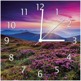 Wallario Wanduhr Blumenbedeckte Wiese bei Sonnenuntergang (Aluverbunduhr), schwarz, mit weißen Zeigern