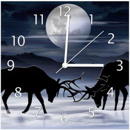 Wallario Wanduhr Elch im Schnee bei Mondschein - Silhouette am Abend (Aluverbunduhr), schwarz, mit weißen Zeigern