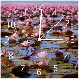 Wallario Wanduhr Seerosenlandschaft mit rosa Blüten (Aluverbunduhr), schwarz, mit weißen Zeigern