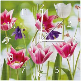 Wallario Wanduhr Blühende Blumen im Frühling in pink und weiß (Aluverbunduhr), gelb, mit weißen Zeigern