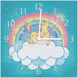 Wallario Wanduhr Lustiges Einhorn auf einer Wolke vor Regenbogen (Aluverbunduhr), mit weißen Zeigern