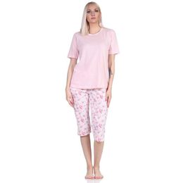 Normann Pyjama Damen Schlafanzug kurzarm mit Capri-Hose und Spitze