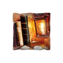 Wallario Dekokissen Antike Laterne mit Kerze alten Büchern und Taschenuhr