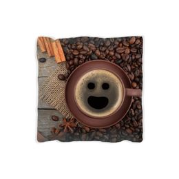 Wallario Dekokissen Lustige Kaffeetasse mit einem Lächeln