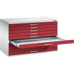 C+P CP 7100 Planschrank lichtgrau, rubinrot 10 Schubladen 110,0 x 76,5 x 76,0 cm