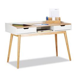 Relaxdays Schreibtisch weiß rechteckig, 4-Fuß-Gestell braun 120,0 x 55,0 cm