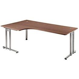 Hammerbacher Prokura Schreibtisch nussbaum L-Form, C-Fuß-Gestell silber 200,0 x 80,0/120,0 cm