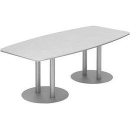 Hammerbacher Konferenztisch KT22S weiß Tonnenform, Rundrohr silber, 220,0 x 83,0 - 103,0 x 74,0 cm