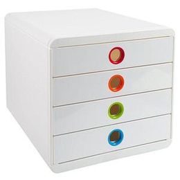 Exacompta Schubladenbox POP-BOX weiß mit bunten Grifflöchern 314398D, DIN A4 mit 4 Schubladen