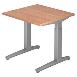 Hammerbacher XB08 höhenverstellbarer Schreibtisch nussbaum, silber quadratisch, C-Fuß-Gestell silber 80,0 x 80,0 cm