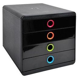 Exacompta Schubladenbox POP-BOX schwarz mit bunten Grifflöchern 314498D, DIN A4 mit 4 Schubladen