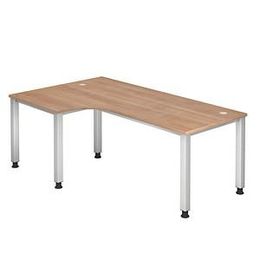 Hammerbacher QS82 höhenverstellbarer Schreibtisch nussbaum L-Form, 5-Fuß-Gestell silber 200,0 x 80,0/120,0 cm