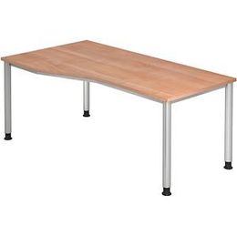 Hammerbacher Orbis höhenverstellbarer Schreibtisch nussbaum Trapezform, 4-Fuß-Gestell silber 180,0 x 80,0/100,0 cm