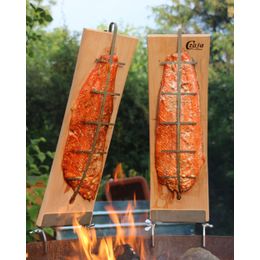 Czaja Räucherbrett Flammlachsbrett 2er Set aus Buchenholz mit Halterungen aus Edelstahl, Buchenholz und Edelstahl