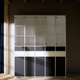 MYCS Aktenregal Weiß - Büroregal: Schubladen in Graphitgrau & Türen in Kristallglas klar - Hochwertige Materialien - 195 x 234 x 47 cm, konfigurierbar