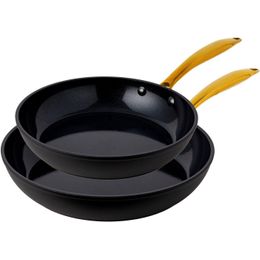 HENSSLERS Pfannen-Set HSN, Aluminium (Set, 2-tlg., je 1 Pfanne Ø 24/28 cm, H: 5/5,5 cm), BLACK CERAMIC Antihaftbeschichtung, goldener Edelstahlgriff, Induktion, schwarz