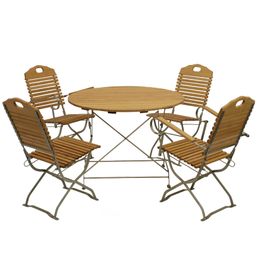 DEGAMO Kurgarten - Garnitur BAD TÖLZ 5-teilig (2x Stuhl, 2x Armlehnensessel, 1x Tisch 100cm rund), Flachstahl verzinkt + Robinie, klappbar