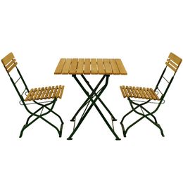 DEGAMO Biergarten - Garnitur MÜNCHEN 3-teilig (2x Stuhl, 1x Tisch 70x70cm), Flachstahl grün + Robinie