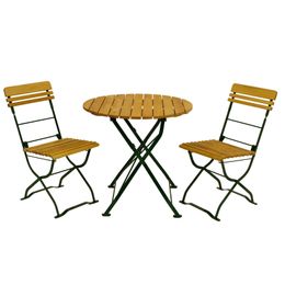 DEGAMO Biergarten - Garnitur MÜNCHEN 3-teilig (2x Stuhl, 1x Tisch 77cm rund), Flachstahl grün + Robinie
