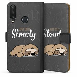 DeinDesign Handyhülle lazy sunday Sprüche Faultier Just Do It Slowly Sloth Grey, Huawei Y6p Hülle Handy Flip Case Wallet Cover Handytasche Leder