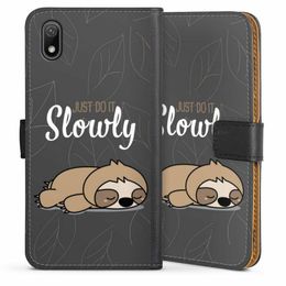 DeinDesign Handyhülle lazy sunday Sprüche Faultier Just Do It Slowly Sloth Grey, Huawei Y5 (2019) Hülle Handy Flip Case Wallet Cover Handytasche Leder