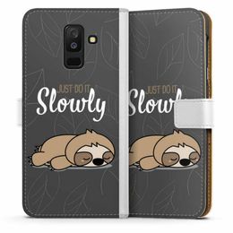DeinDesign Handyhülle lazy sunday Sprüche Faultier Just Do It Slowly Sloth Grey, Samsung Galaxy A6 Plus (2018) Hülle Handy Flip Case Wallet Cover
