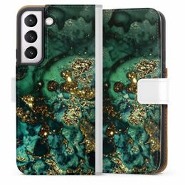 DeinDesign Handyhülle Marmor Glitzer Look Muster Cyan Glitter Marble Look, Samsung Galaxy S22 Hülle Handy Flip Case Wallet Cover, weiß