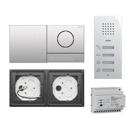 GIRA 106 System 2-fach Gegensprechanlagen Set Edelstahl V4A mit Sprachmodul mit 1 RT Edelstahl und Blindmodul + Wohnungsstation AP 125003 + Audio-Steuergerät ohne Gravur