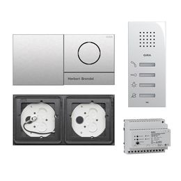 GIRA 106 System 2-fach Gegensprechanlagen Set Edelstahl V4A mit Sprachmodul mit 1 RT Edelstahl und Blindmodul + Wohnungsstation AP 125003 + Audio-Steuergerät mit Gravur