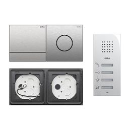 GIRA 106 System 2-fach Gegensprechanlagen Set Edelstahl V4A mit Sprachmodul und Klingelmodul 1 Ruftaste Edelstahl + Wohnungsstation AP 125003 + Audio-Steuergerät mit Gravur