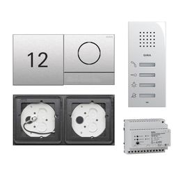 GIRA 106 System 2-fach Gegensprechanlagen Set Edelstahl V4A mit Infomodul und Sprachmodul mit 1 RT Edelstahl + Wohnungsstation AP 125003 + Audio-Steuergerät ohne Gravur