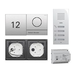 GIRA 106 System 2-fach Gegensprechanlagen Set Edelstahl V4A mit Infomodul und Sprachmodul mit 1 RT Edelstahl + Wohnungsstation AP 125003 + Audio-Steuergerät mit Gravur