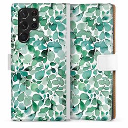 DeinDesign Handyhülle Pastell Wasserfarbe Blätter Watercolor Pattern Leaffy Leaves, Samsung Galaxy S22 Ultra Hülle Handy Flip Case Wallet Cover, weiß