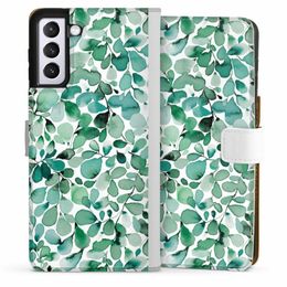 DeinDesign Handyhülle Pastell Wasserfarbe Blätter Watercolor Pattern Leaffy Leaves, Samsung Galaxy S21+ 5G Hülle Handy Flip Case Wallet Cover, weiß