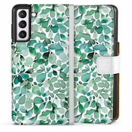 DeinDesign Handyhülle Pastell Wasserfarbe Blätter Watercolor Pattern Leaffy Leaves, Samsung Galaxy S21 5G Hülle Handy Flip Case Wallet Cover, weiß